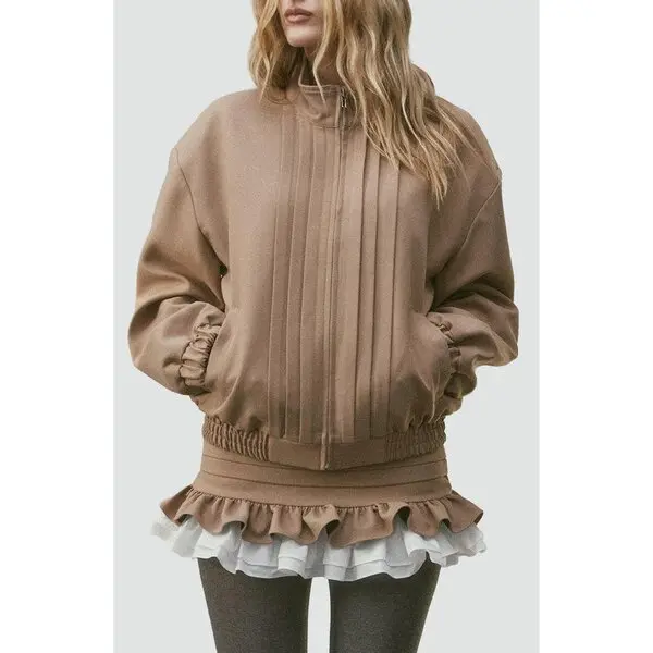 MAUDE CLUB Dahlia Pintuck Bomber Jacket - Tan