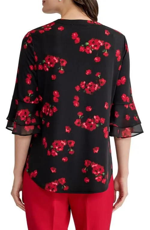 KASPER Floral Split Neck Flutter Sleeve Tunic