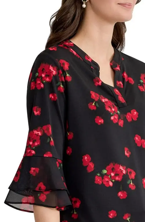 KASPER Floral Split Neck Flutter Sleeve Tunic