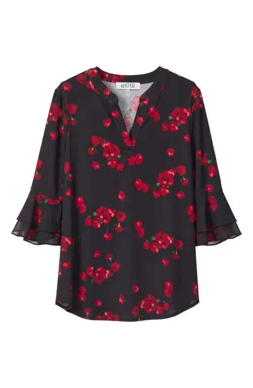 KASPER Floral Split Neck Flutter Sleeve Tunic