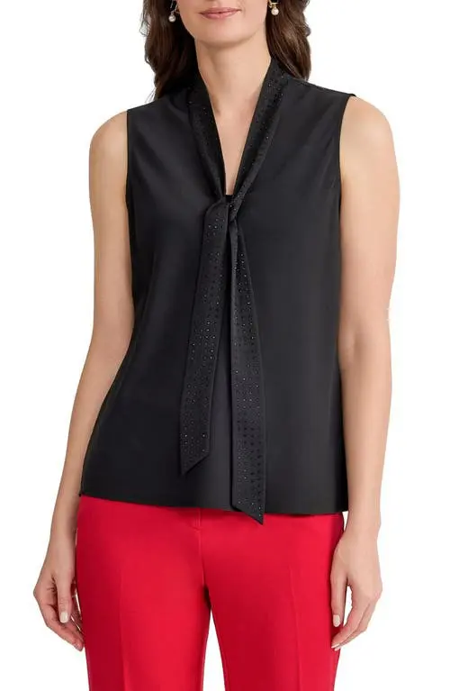 KASPER Rhinestone Tie Neck Sleeveless Georgette Top