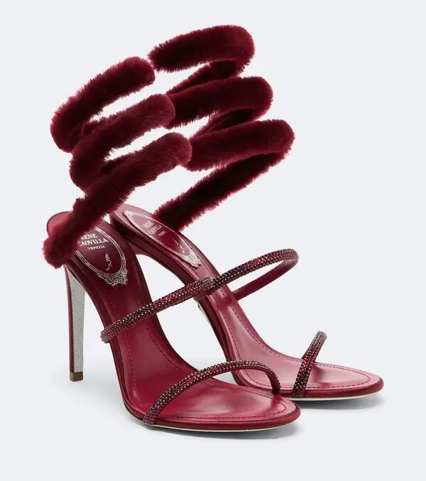 Rene Caovilla Cleo Embellished Shearling-trimmed Sandals - Red