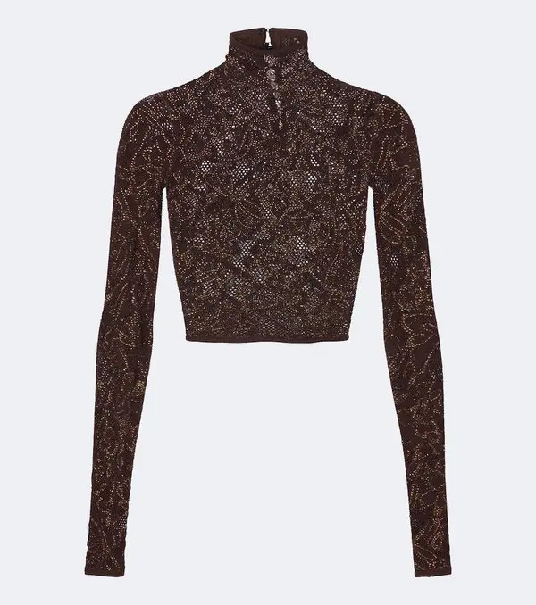 Gucci Cropped Silk-blend Lace Turtleneck Top - Brown