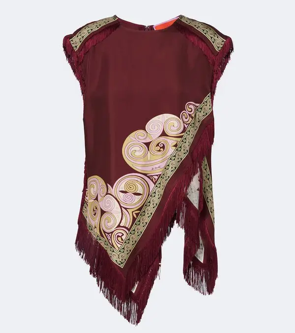 La DoubleJ Fringed Printed Silk Twill Scarf Top - Multicoloured