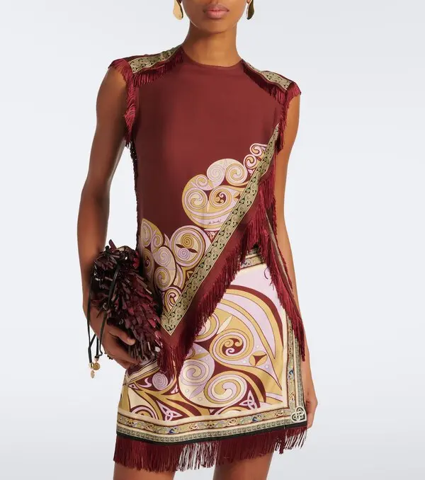 La DoubleJ Fringed Printed Silk Twill Scarf Top - Multicoloured