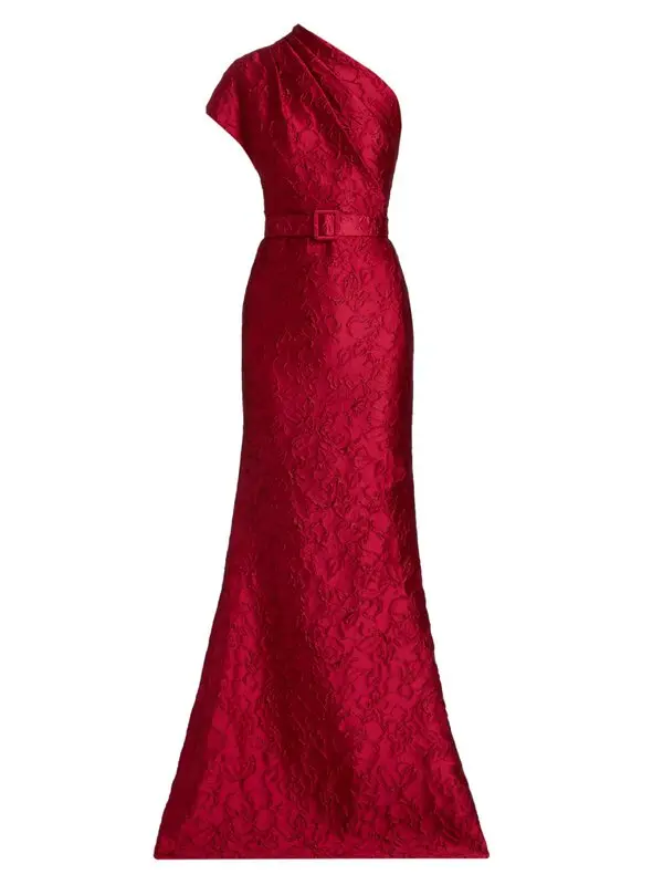 Badgley Mischka Floral Jacquard One-shoulder Belted Gown - Ruby