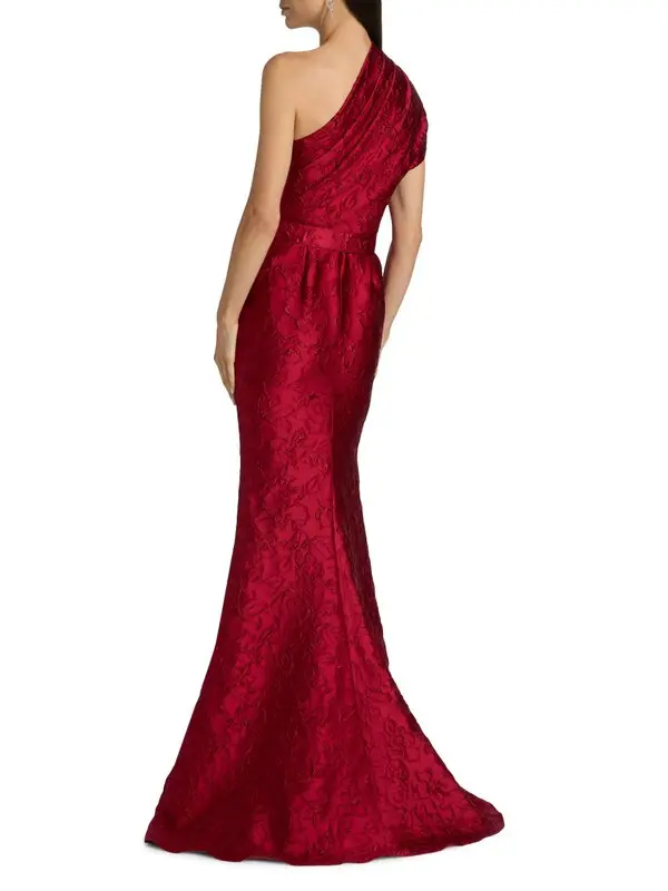 Badgley Mischka Floral Jacquard One-shoulder Belted Gown