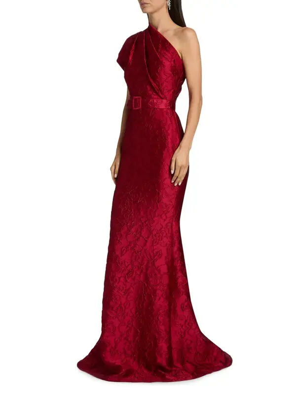 Badgley Mischka Floral Jacquard One-shoulder Belted Gown