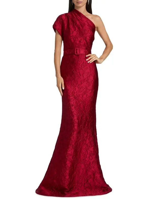 Badgley Mischka Floral Jacquard One-shoulder Belted Gown