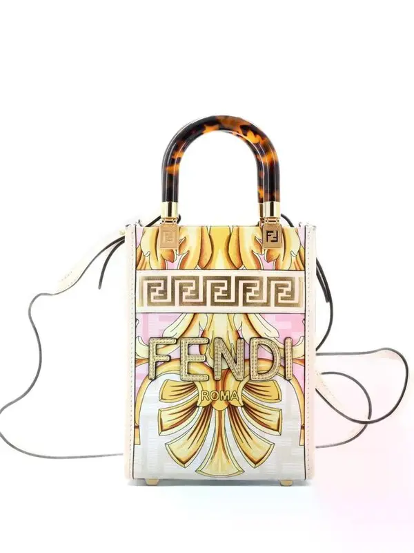 Fendi X Versace Fendace Convertible Sunshine Shopper Tote Printed Laminated Leather Mini Crossbody Bag - Neutrals