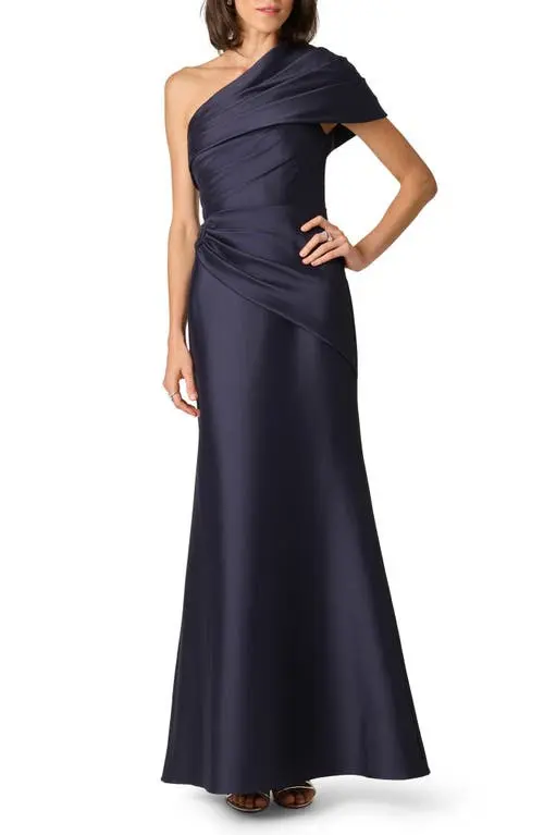 Aidan Mattox One-shoulder Stretch Mikado Mermaid Gown - Navy