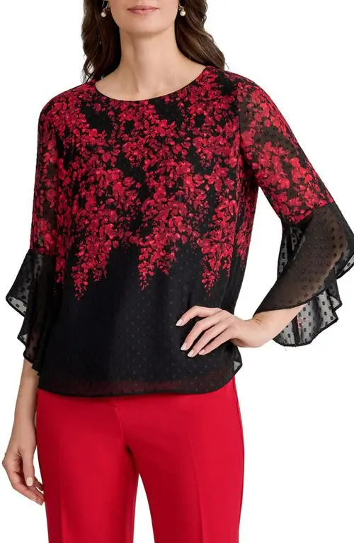 KASPER Ruffle Sleeve Clip Dot Chiffon Top - Black Multi