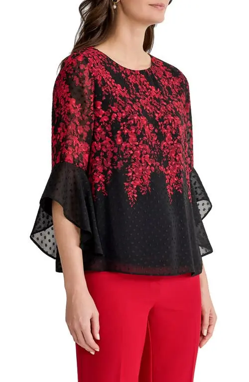 KASPER Ruffle Sleeve Clip Dot Chiffon Top