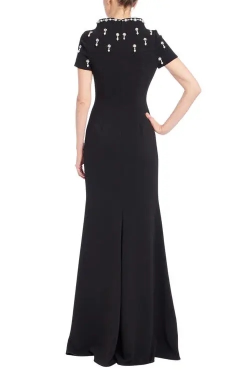 Badgley Mischka Embellished Mock Neck Stretch Crepe Gown - Black