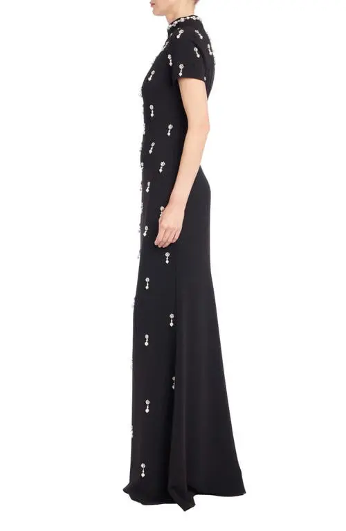Badgley Mischka Embellished Mock Neck Stretch Crepe Gown - Black