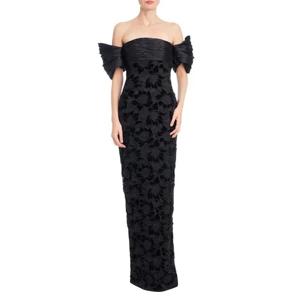 Badgley Mischka Off The Shoulder Floral Velvet Burnout Lace Gown - Black