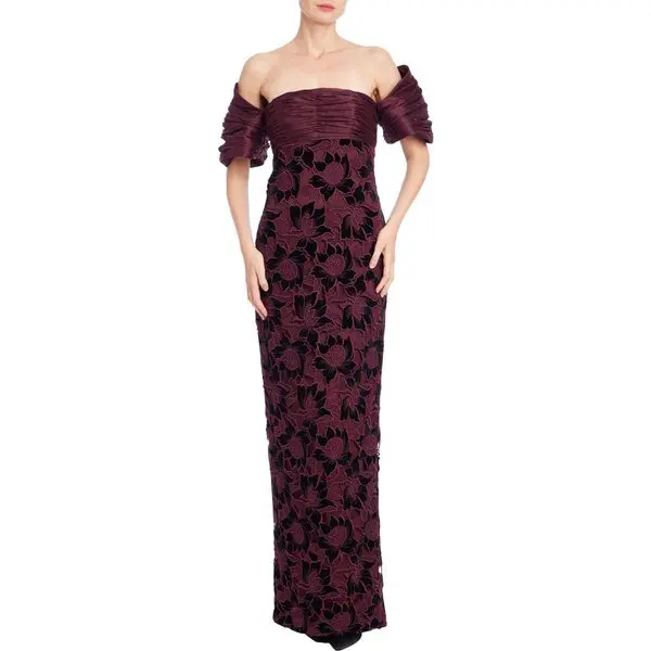 Badgley Mischka Off The Shoulder Floral Velvet Burnout Lace Gown - Wine