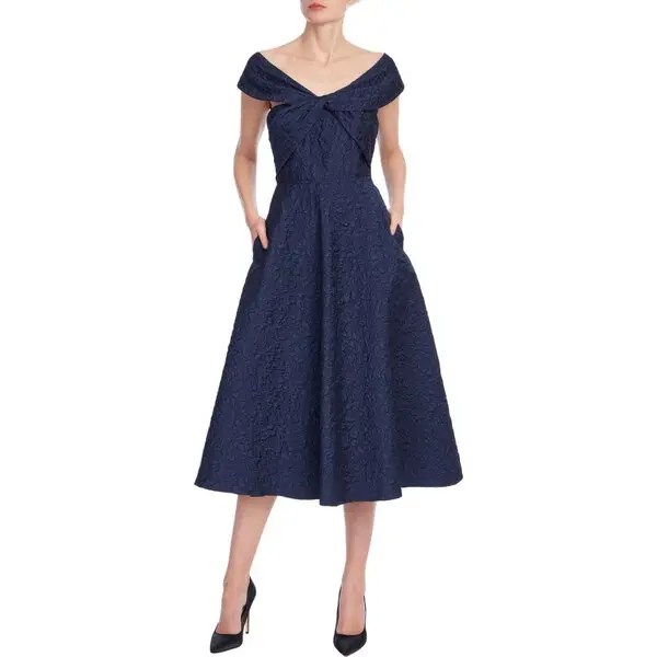 Badgley Mischka Portrait Collar Jacquard Midi Cocktail Dress - Navy