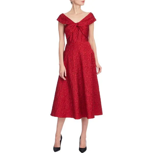 Badgley Mischka Portrait Collar Jacquard Midi Cocktail Dress - Red