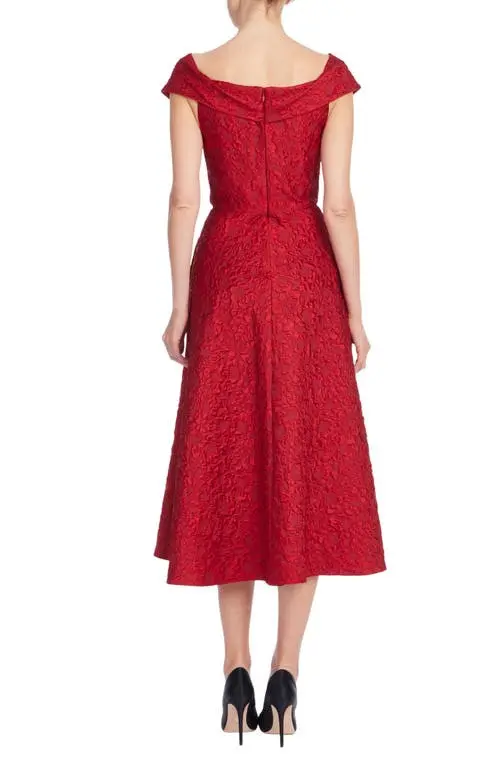 Badgley Mischka Portrait Collar Jacquard Midi Cocktail Dress - Red