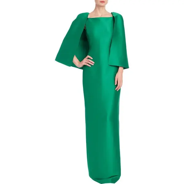 Badgley Mischka Capelet Stretch Mikado Gown - Emerald