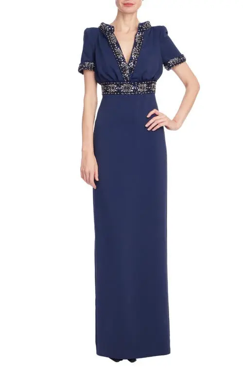 Badgley Mischka Beaded Embellished Gown - Navy