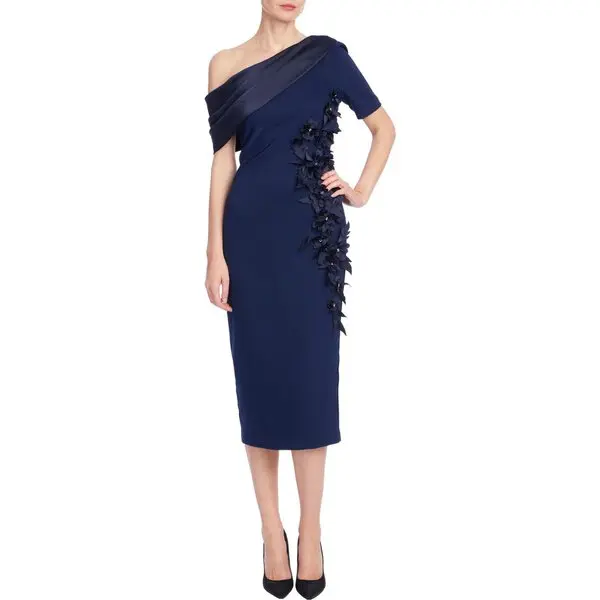 Badgley Mischka Floral One-shoulder Cocktail Dress - Navy