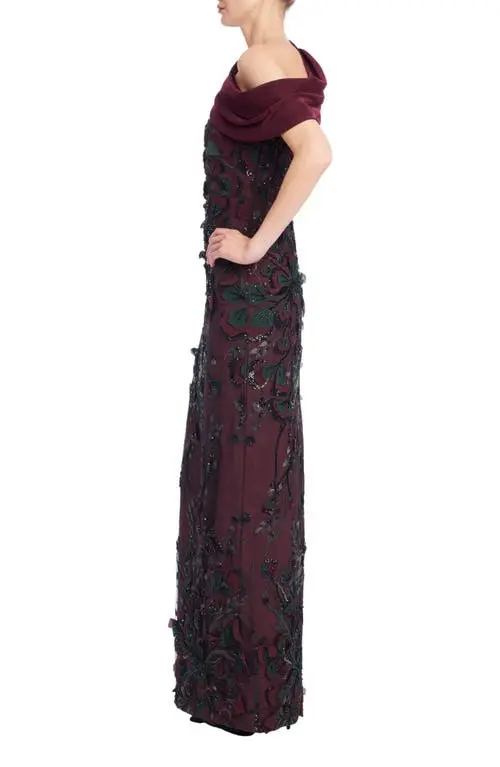 Badgley Mischka One-shoulder Embroidered Sequin Gown