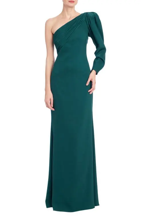 Badgley Mischka One-shoulder Long Sleeve Pleated Gown - Pine