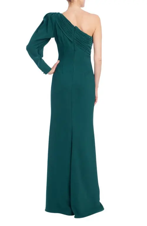 Badgley Mischka One-shoulder Long Sleeve Pleated Gown