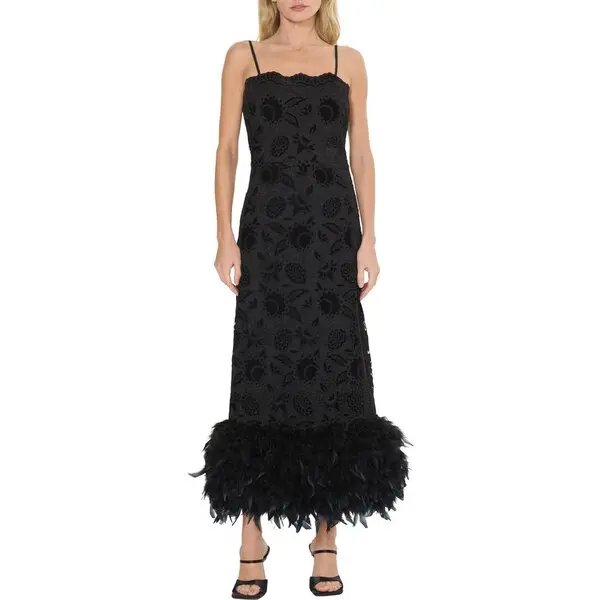 CIEBON Aurora Lace Sheath Dress With Feather Hem - Black