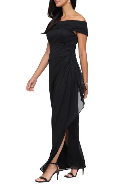 Alex Evenings Glitter Mesh Off-the-shoulder Gown