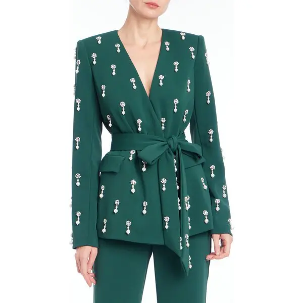 Badgley Mischka Pearl Drop Beaded Suit Jacket With Removable Belt - Pine