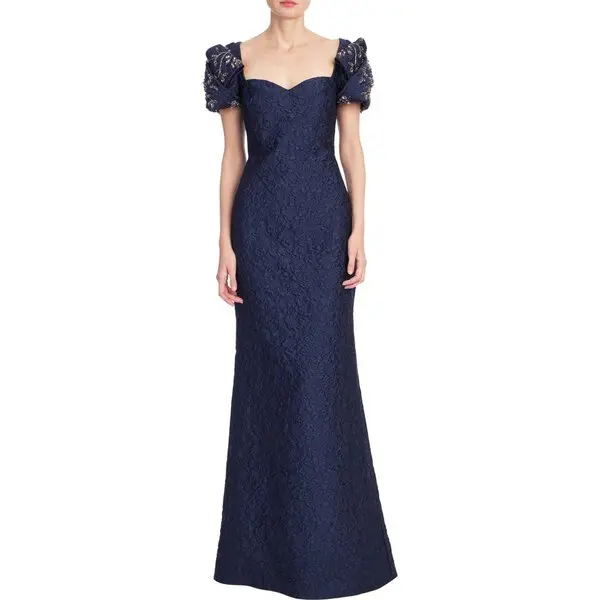 Badgley Mischka Crystal Appliqué Jacquard Gown - Navy