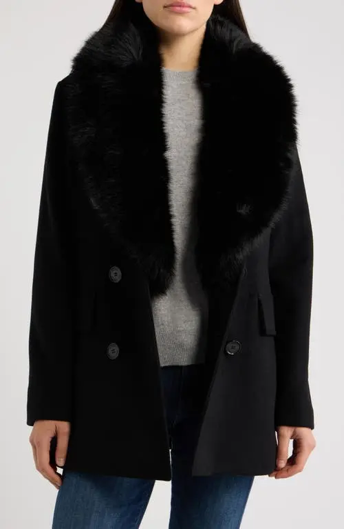 Michael Kors Herringbone Wool Blend Coat With Faux Fur Collar - Black