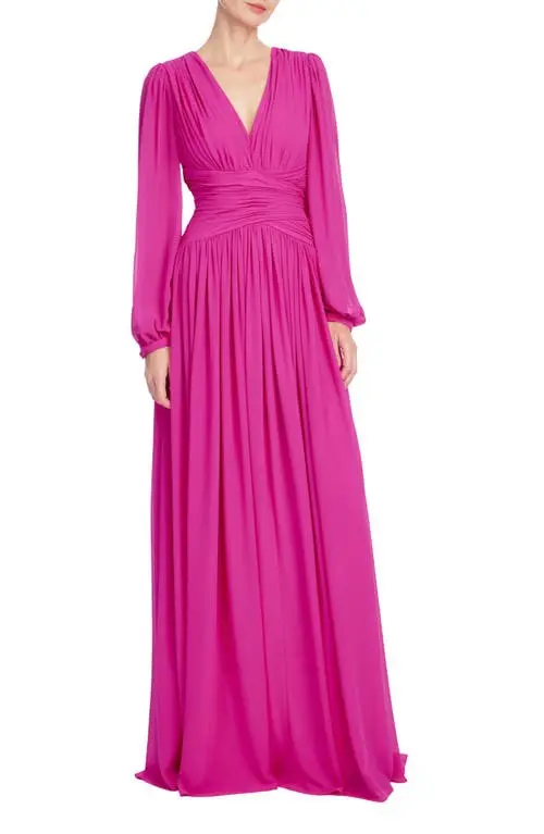 Badgley Mischka V-neck Long Sleeve Georgette Gown - Fuchsia