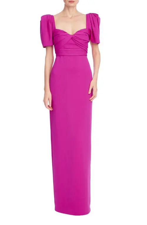 Badgley Mischka Puff Sleeve Empire Waist Gown - Fuchsia