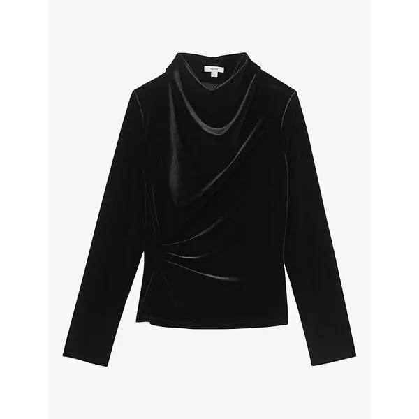 REISS Paige Cowl-neck Stretch-velvet Top - Black