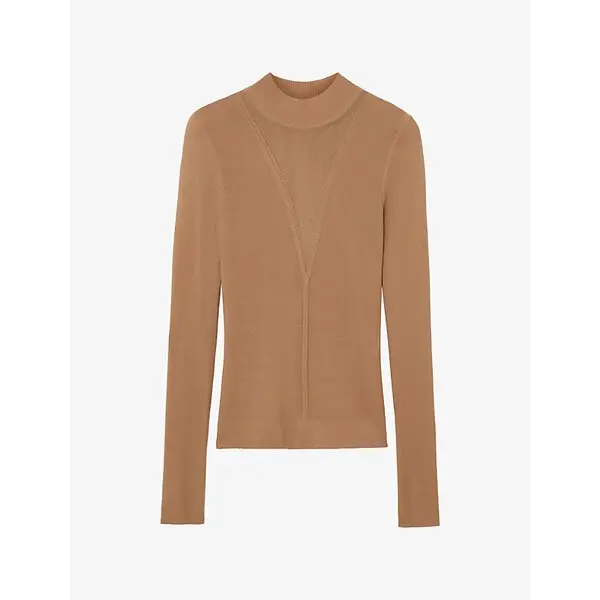 REISS Selene Sheer-detail Long-sleeve Knitted Top - Camel