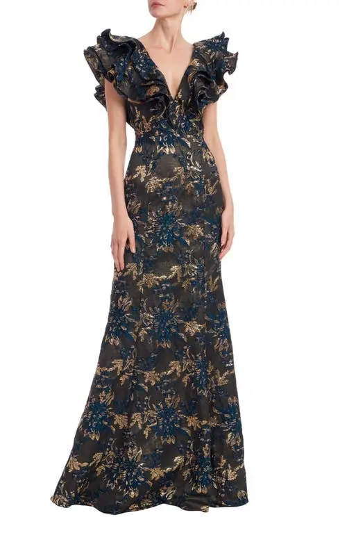 Badgley Mischka Floral Jacquard Ruffle Gown - Navy Multi