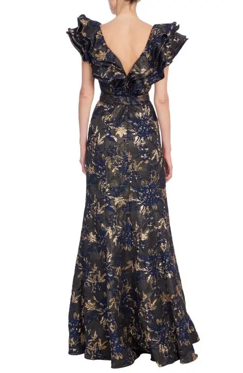 Badgley Mischka Floral Jacquard Ruffle Gown
