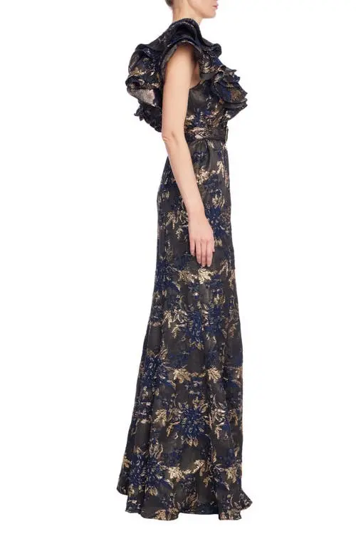 Badgley Mischka Floral Jacquard Ruffle Gown