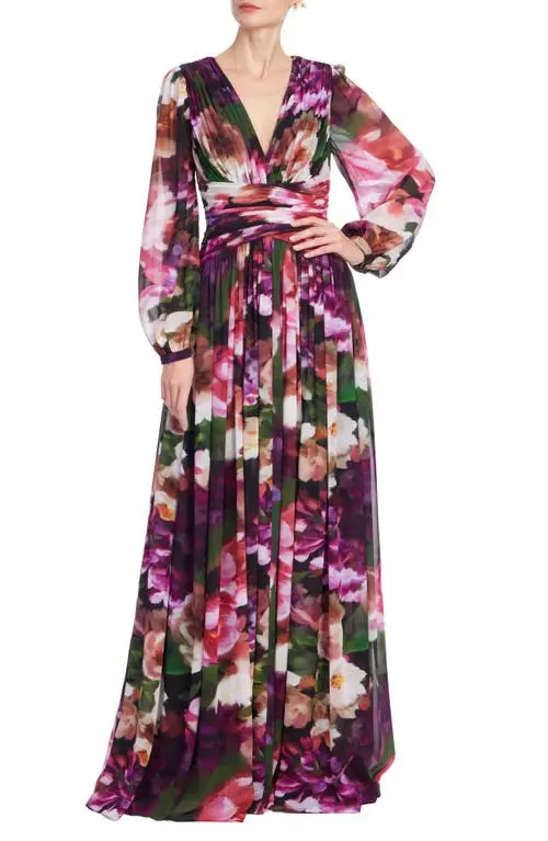 Badgley Mischka Floral V-neck Long Sleeve Georgette Gown - Fuchsia Multi