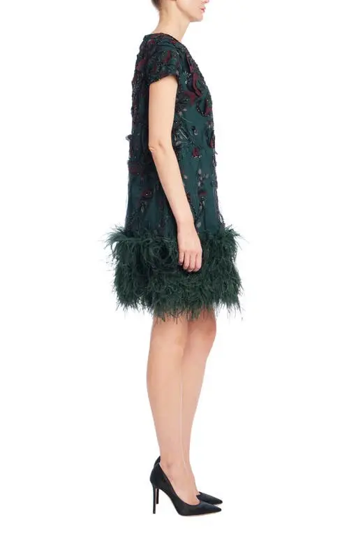 Badgley Mischka Beaded Ostrich Feather Hem Minidress