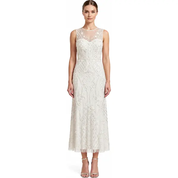 LARA NEW YORK Lara Beaded A-line Midi Dress With Illusion Neckline - Ivory