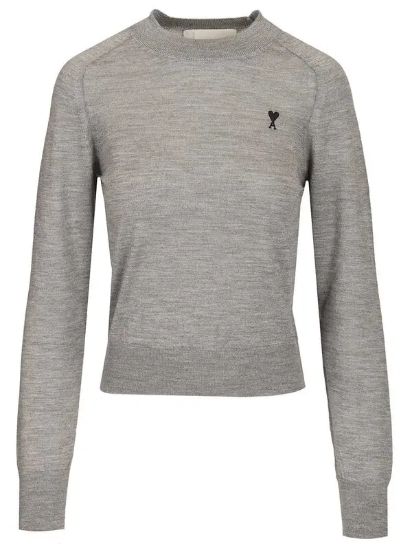 AMI Paris Quota -crewneck Sweater With Contrasted De Coeur - Gray