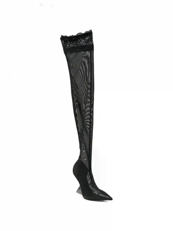 Attico Cheope Thigh-high Lace-trimmed Mesh Boots - Black