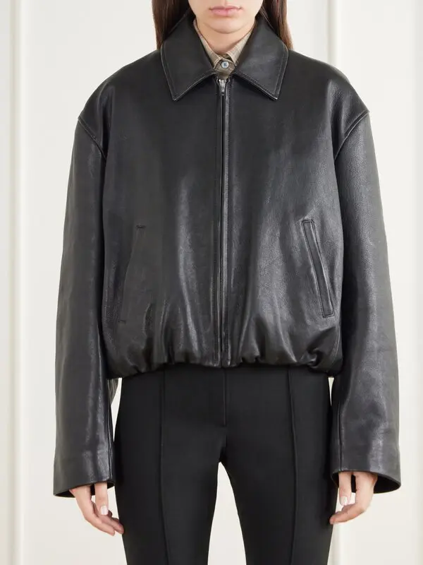 Acne Studios Cropped Gathered Logo-embossed Leather Bomber Jacket