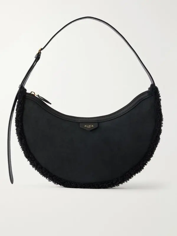 Alaïa Demi Lune Shearling-trimmed Suede Shoulder Bag - Black