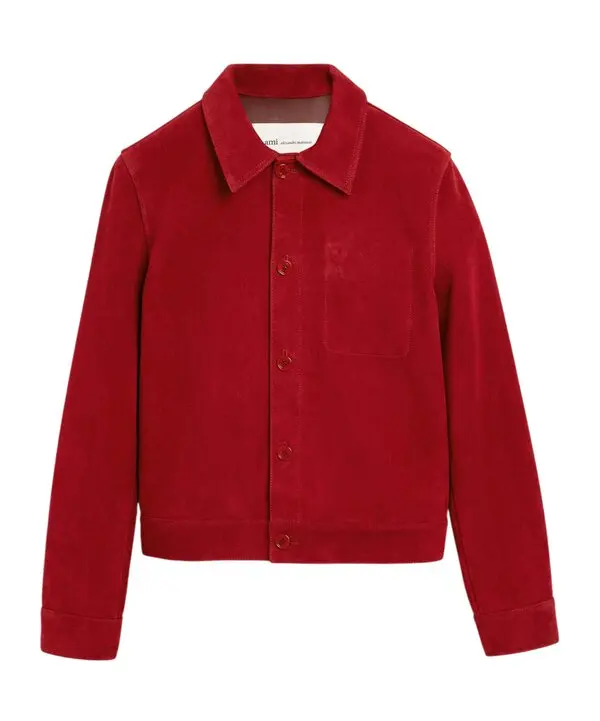 AMI Paris Red Suede Leather Jacket With Embossed De Coeur - Ruby Red